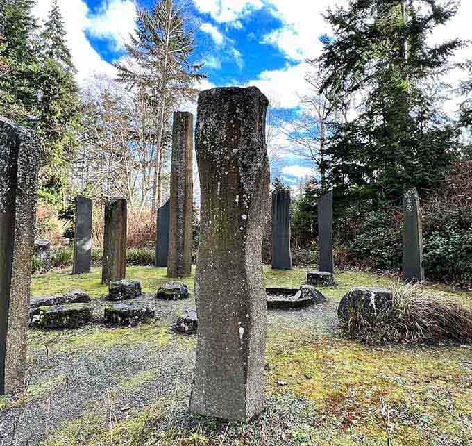 Ancient meets Pacific Northwest as massive stone slabs peek through the evergreens, quietly daring you to come closer and investigate.