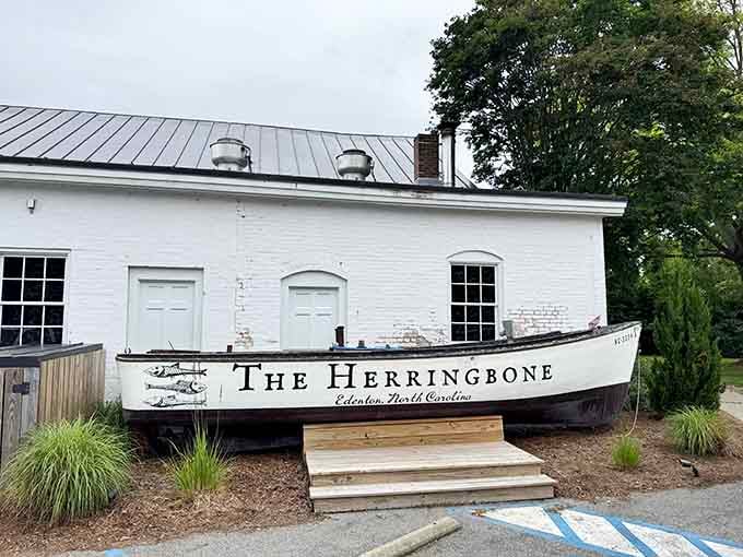 The Herringbone's boat-turned-entrance proves Edenton takes its waterfront heritage seriously, and creatively.