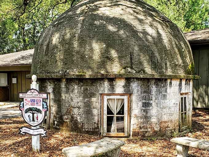This weathered dome at Tolstoy Park looks like history itself decided to take a nap under the trees.