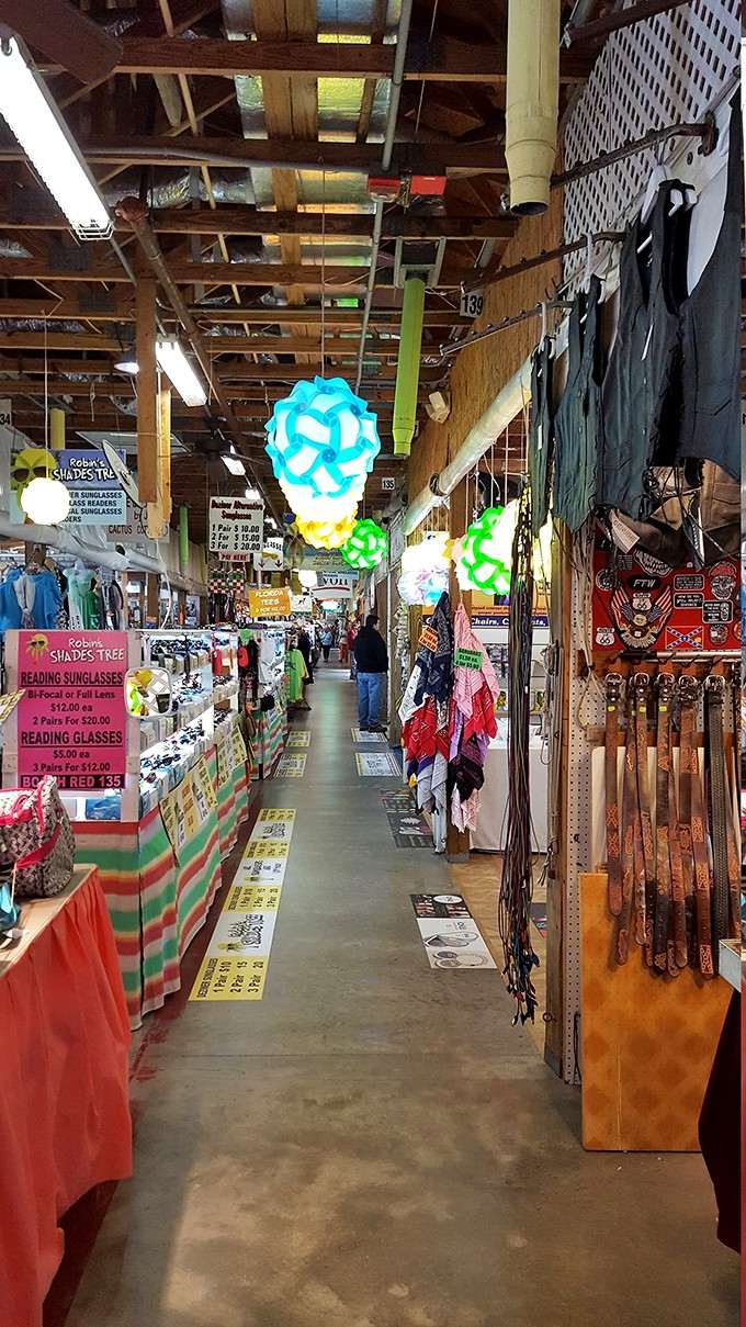 Colorful lanterns, leather belts, and sunglasses galore. This indoor aisle means serious business and serious bargains.