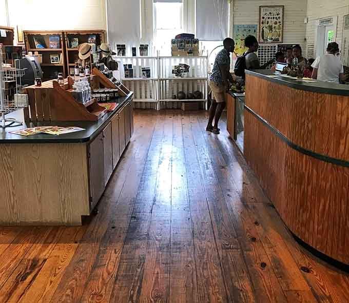 Warm hardwood floors and friendly staff set the tone inside the park's inviting visitor center and gift shop.