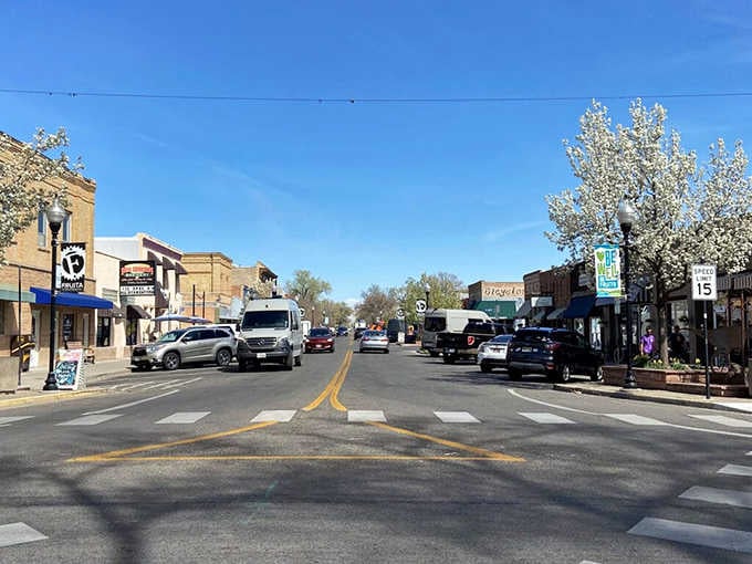 East Aspen Avenue on a spring morning, where the pace is slow and the sky is impossibly blue.