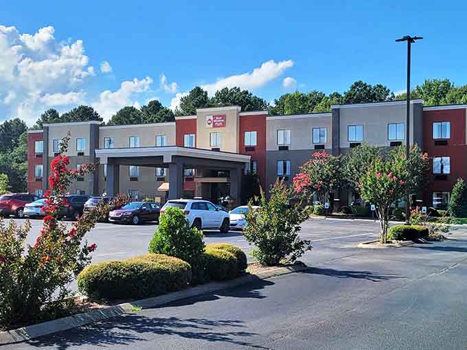 Blooming crepe myrtles and warm brick tones welcome you to the Best Western Plus, where comfort meets genuine Southern hospitality.