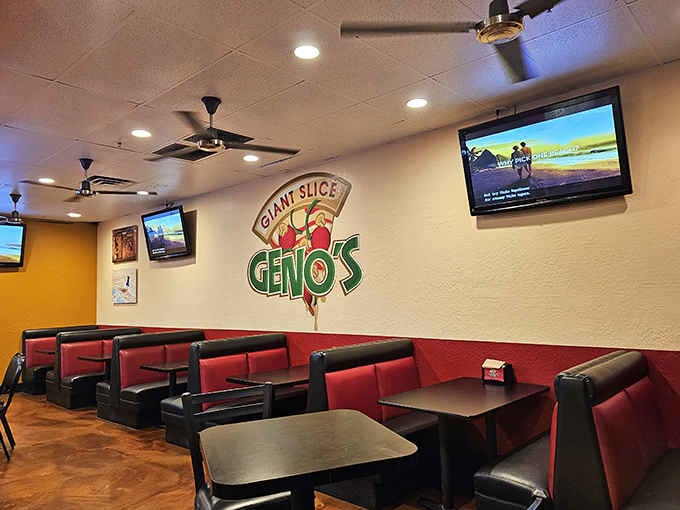 Red booths, ceiling fans, and a giant logo on the wall. This is comfort food headquarters, no reservations required.