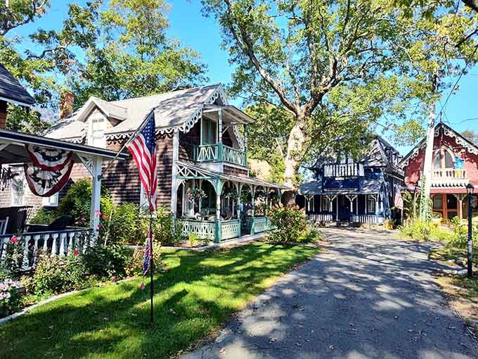 An American flag, ornate trim, and a pop of color. This neighborhood doesn't do anything halfway.