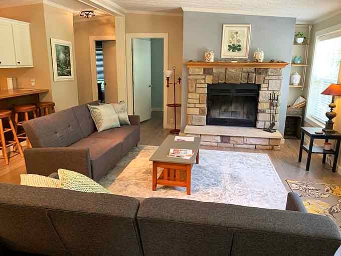 A stone fireplace, cozy sofas, and zero reasons to check your phone. Finally.