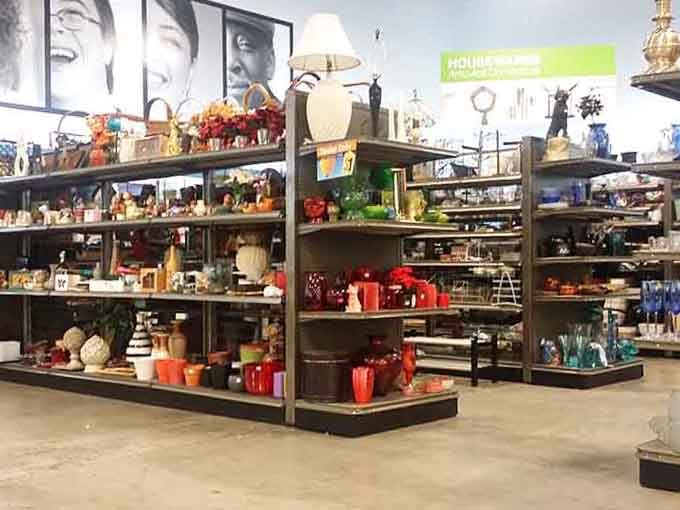 Shelves packed with colorful housewares and decorative treasures, proof that one person's clutter is another person's interior design moment.
