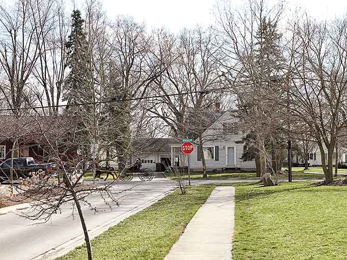 A horse-drawn buggy at a stop sign. Grabill follows the rules, just at its own pace.