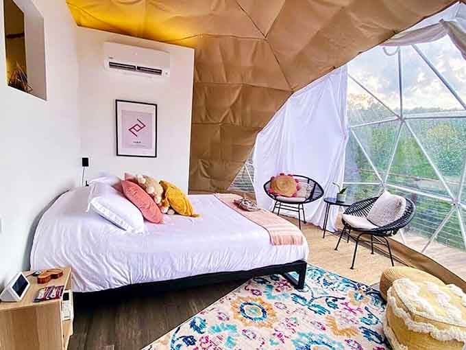 This bedroom says "roughing it" the same way a five-star hotel says "budget-friendly." Not at all.