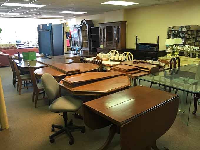Solid wood dining sets and classic china cabinets line the floor like a furniture showroom with much better prices.