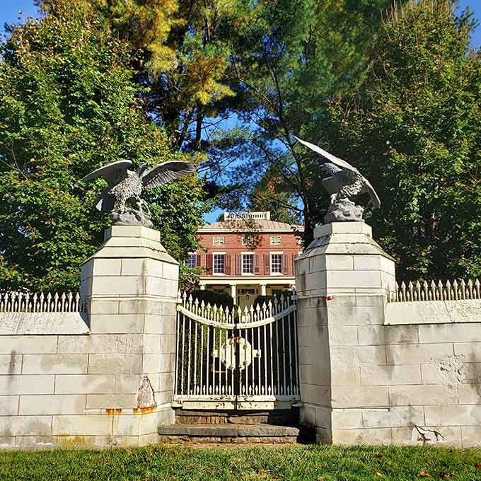 Stone pillars, iron gates, and eagle sculptures keeping watch. New Jersey's version of a royal welcome, and it's completely free.