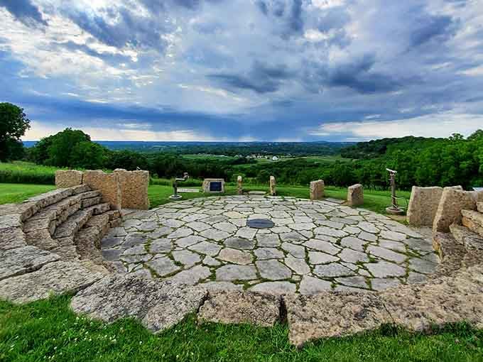 Stone seats arranged in perfect harmony, because even ancient gathering spaces understood the importance of good feng shui.