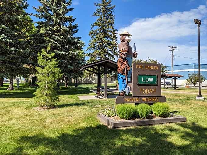 Smokey Bear stands guard reminding visitors that only you can prevent forest fires, seriously though.