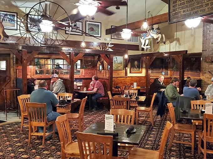 Wagon wheels, antlers, carousel horses, and people eating happily. This room has more personality than most people you know.