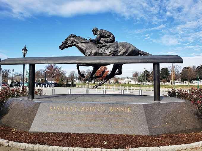 Frozen mid-stride in gleaming bronze, this Kentucky Derby 132 winner memorial captures speed, glory, and pure athletic poetry.