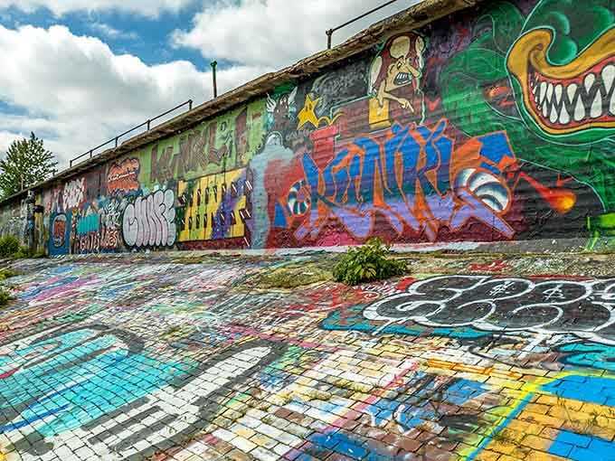 Every inch tells a story here, where spray paint transforms abandoned infrastructure into an ever-changing outdoor gallery.