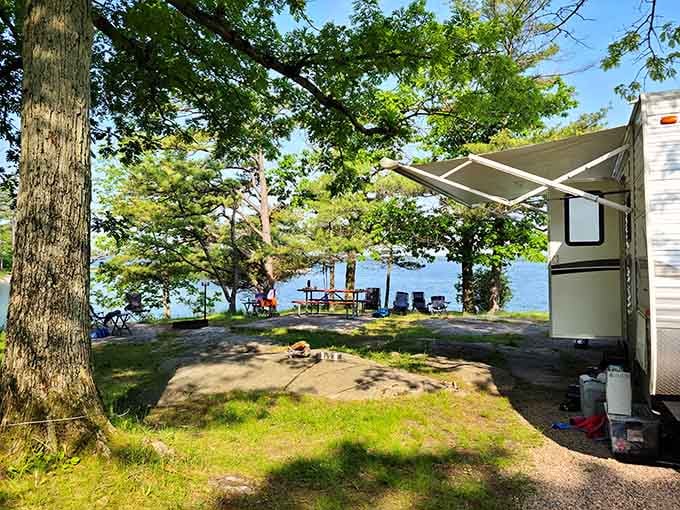 Waterfront camping with your RV awning open and the St. Lawrence River glittering through the pines? Someone planned this trip perfectly.