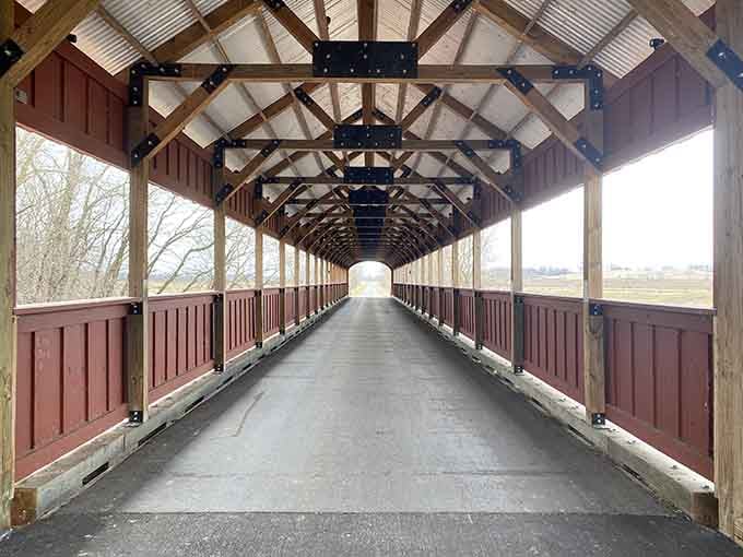 One hundred and eighty-six feet of timber, hardware, and pure Midwestern craftsmanship stretching ahead of you.