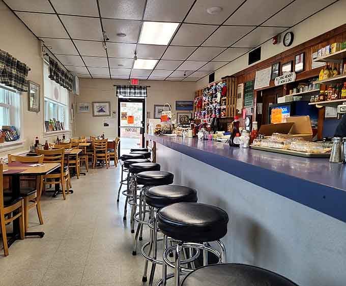 Classic counter stools and cozy booths create the perfect diner atmosphere where strangers become regulars instantly.