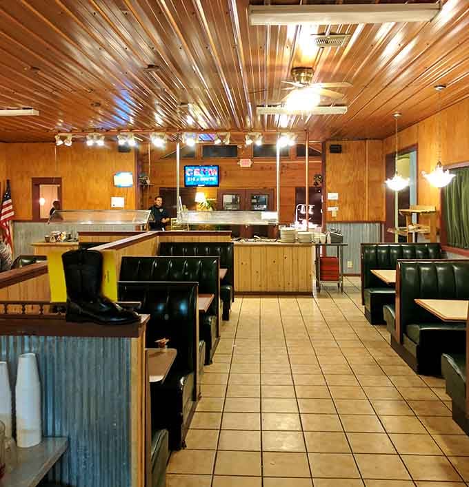 Wood paneling and corrugated metal create the perfect backdrop for serious eating, Southern hospitality included.