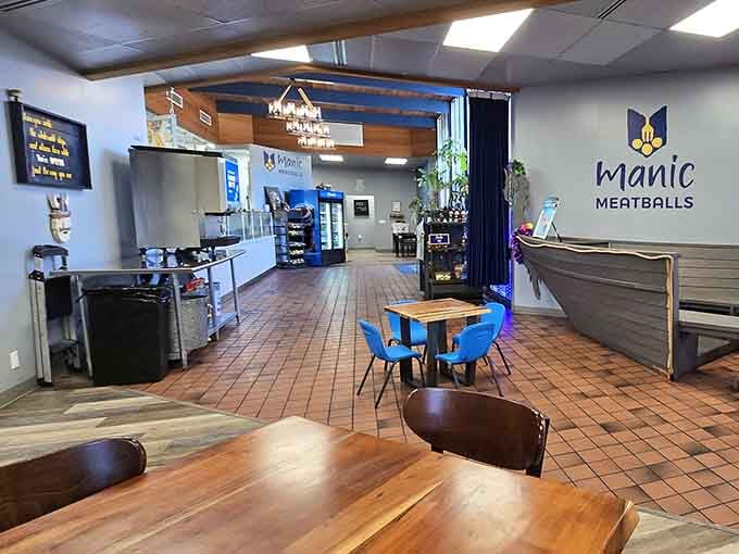 Clean lines, warm wood tables, and a Viking boat fixture that says, "Yes, this place is serious about fun."