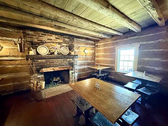 Low beamed ceilings and rustic wood walls create an atmosphere George Washington himself would recognize.