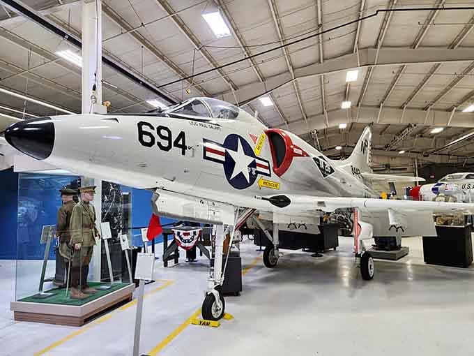 The Douglas A-4 Skyhawk sits sharp and ready, a Cold War workhorse that still commands the room.