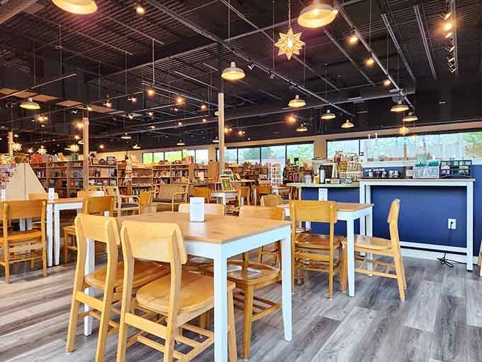 Warm wooden tables, star-shaped pendant lights, and bookshelves as far as the eye can see. Yes, this is real life.