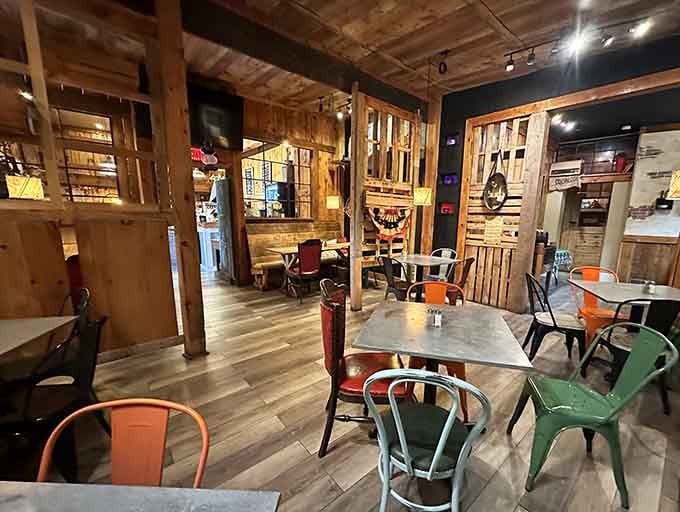 Rustic wood beams and colorful chairs create an atmosphere more charming cabin than convenience store&mdash;your preconceptions don't stand a chance.