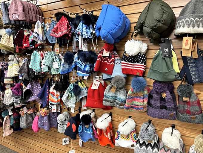 This wall of winter hats is basically a happiness delivery system, and every single one is a winner.