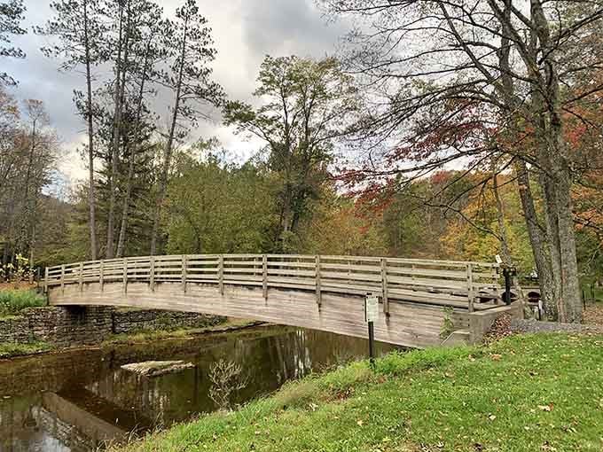 This weathered wooden bridge has seen a thousand autumn days, and it's still the most charming crossing in Potter County.