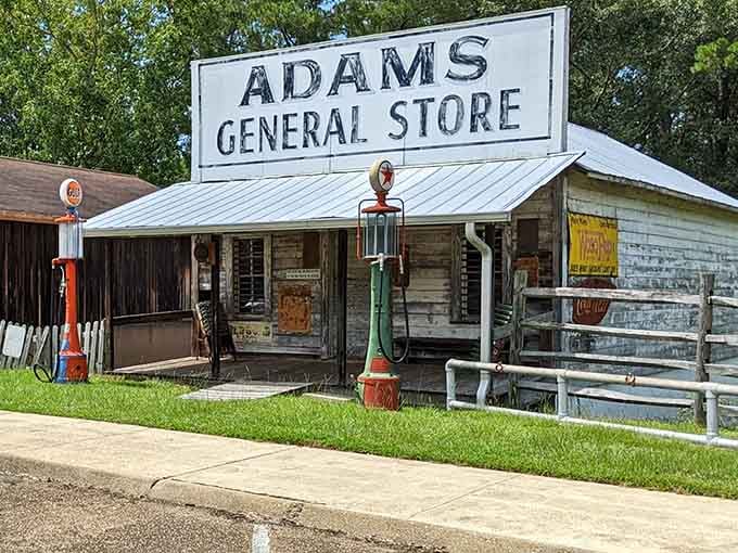 Adams General Store stands ready with vintage gas pumps, back when filling up didn't require a mortgage.
