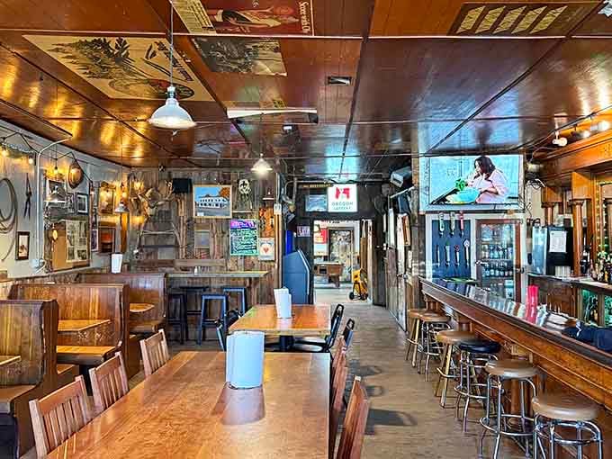 Step inside and the warm wood interior wraps around you like a well-worn flannel shirt on a cold Oregon night.