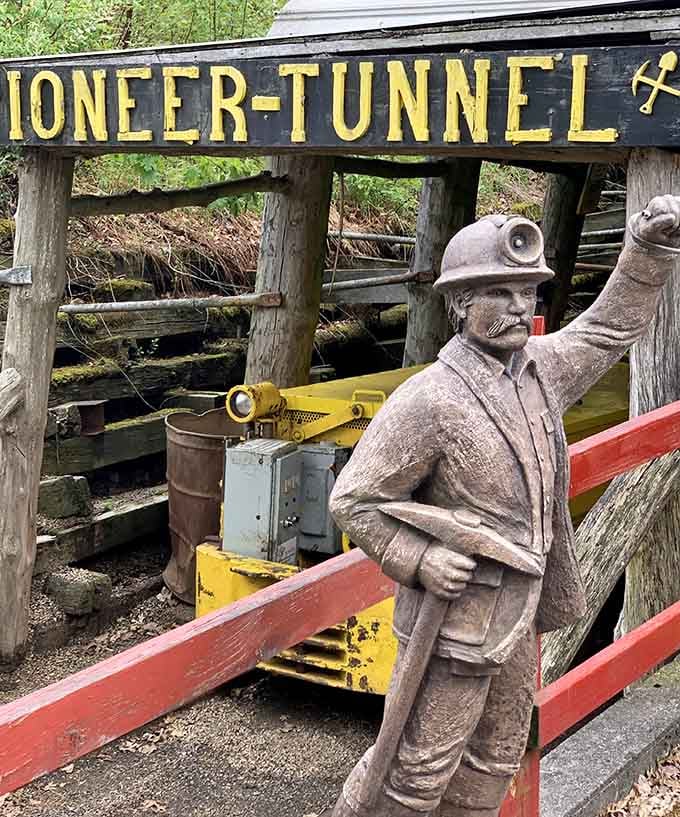 This proud coal miner statue stands guard at Pioneer Tunnel, honoring every soul who worked these hills.