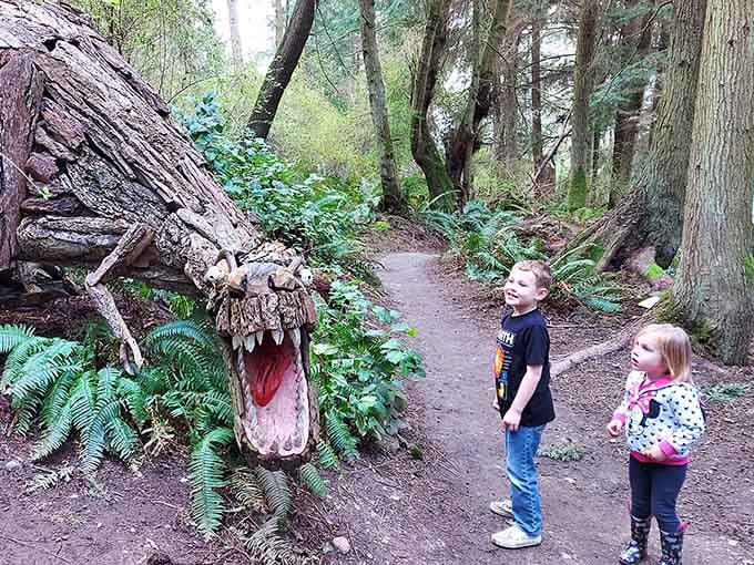 Two kids meet their new favorite forest resident, a very expressive wooden dragon with serious dramatic flair.