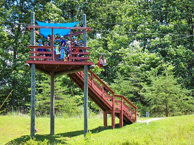 The launch platform at Red River Gorge Ziplines, where brave souls trade solid ground for pure exhilaration.