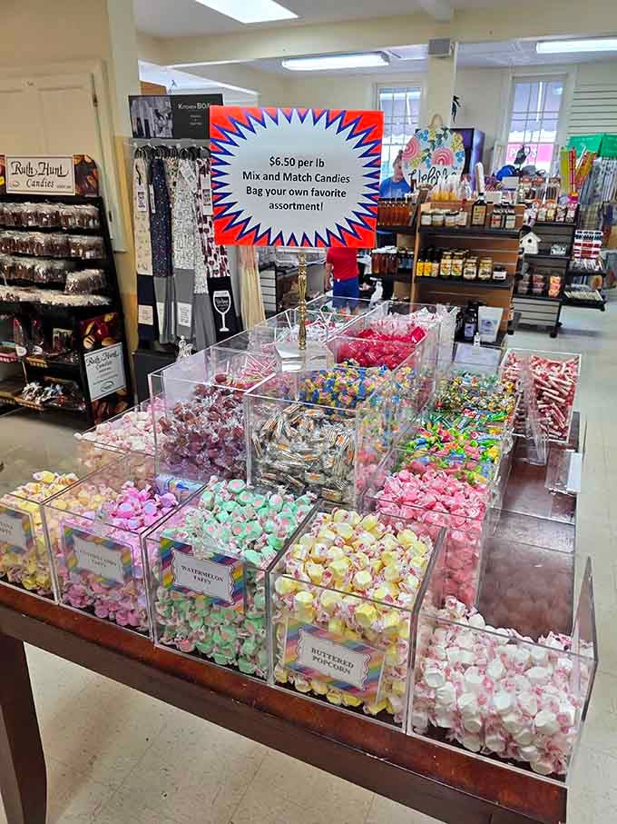 A candy lover's paradise awaits inside, where colorful bins of taffy and treats stretch as far as the eye can see.