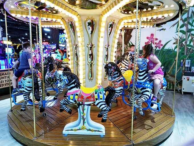 Forget horses, these zebra-striped carousel animals prove Safari Land never does anything halfway.