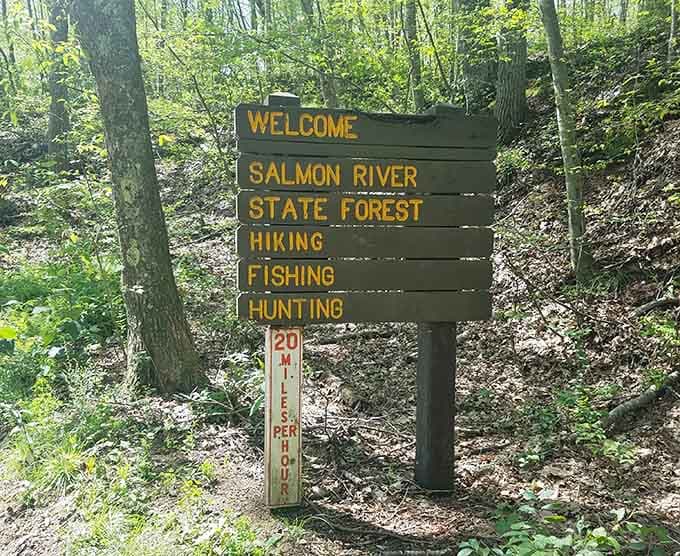 A sign that says hiking, fishing, and hunting. Honestly, that's a better weekend plan than most apps could suggest.