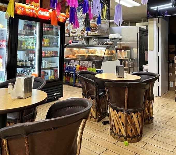 Drum-base chairs, colorful ceiling decorations, and cold Mexican sodas within arm's reach. This is what dining happiness looks like.