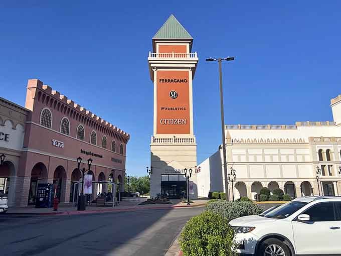 That orange tower isn't just a landmark, it's your compass for navigating Ferragamo, Lululemon, and Fabletics all in one trip.