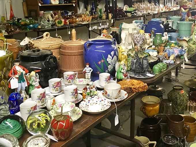 Vintage ceramics and glassware create a rainbow of nostalgia that your grandmother would absolutely approve of browsing.