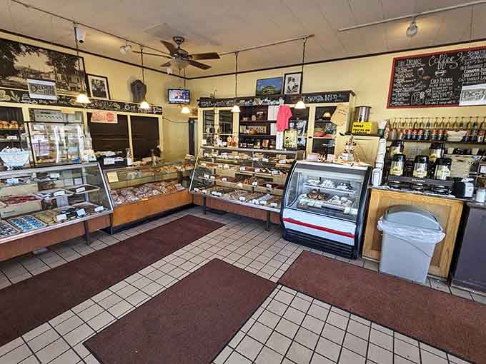 Every glass case packed with something worth stopping for, this interior means serious baking business.