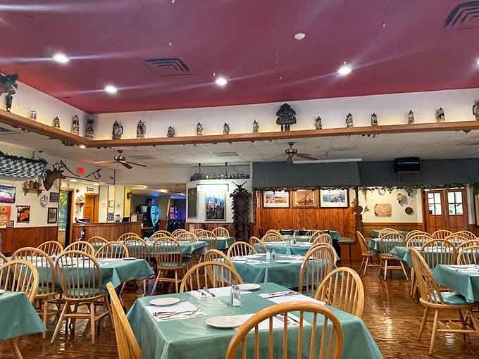 Cuckoo clocks, beer steins, and teal tablecloths. This dining room means serious business about making you feel at home.