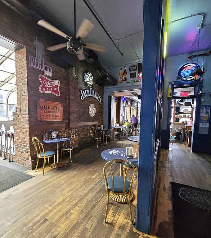 Exposed brick, neon signs, and worn hardwood floors, this is what a bar looks like when it stops trying and just lives.