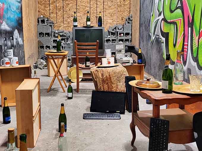This is what a room looks like before the fun starts, bottles, furniture, and electronics all patiently awaiting their fate.