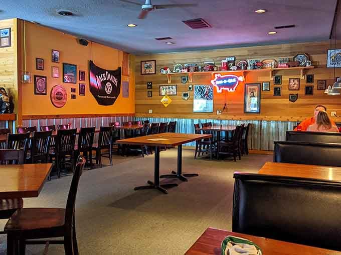 Warm orange walls, wood paneling, and enough awards to make your dentist's office feel underdressed.