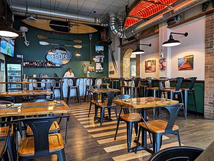 Step inside where exposed brick and hanging paddles create an atmosphere that's equal parts cozy and cool.