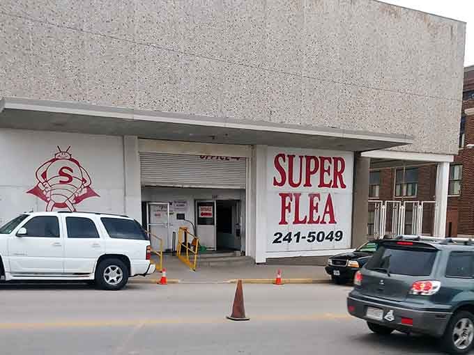 The superhero flea mascot painted on the wall is basically daring you to walk through that entrance.