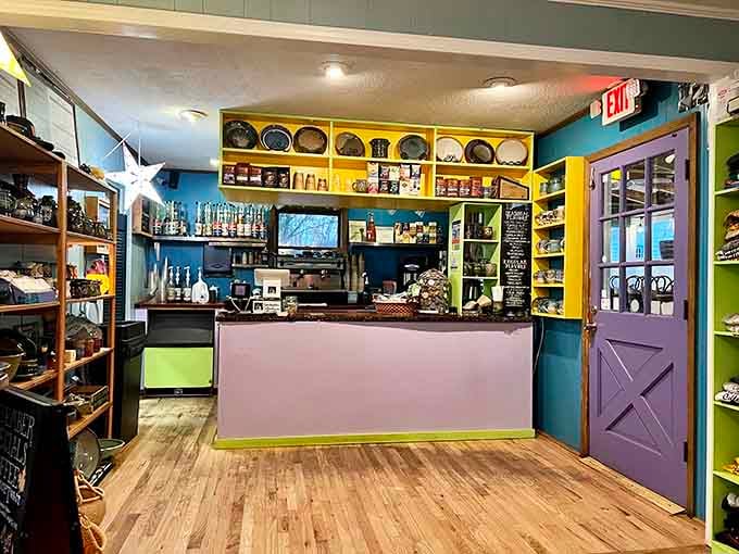 Bold colors, warm wood floors, and a lavender counter that says, "Yes, we take our coffee seriously around here."